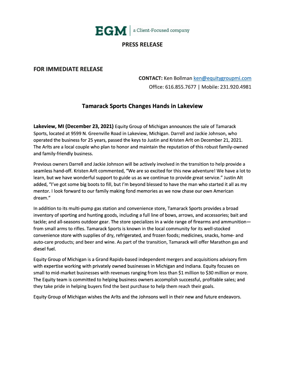 Equity Group Of Michigan - Press Releases