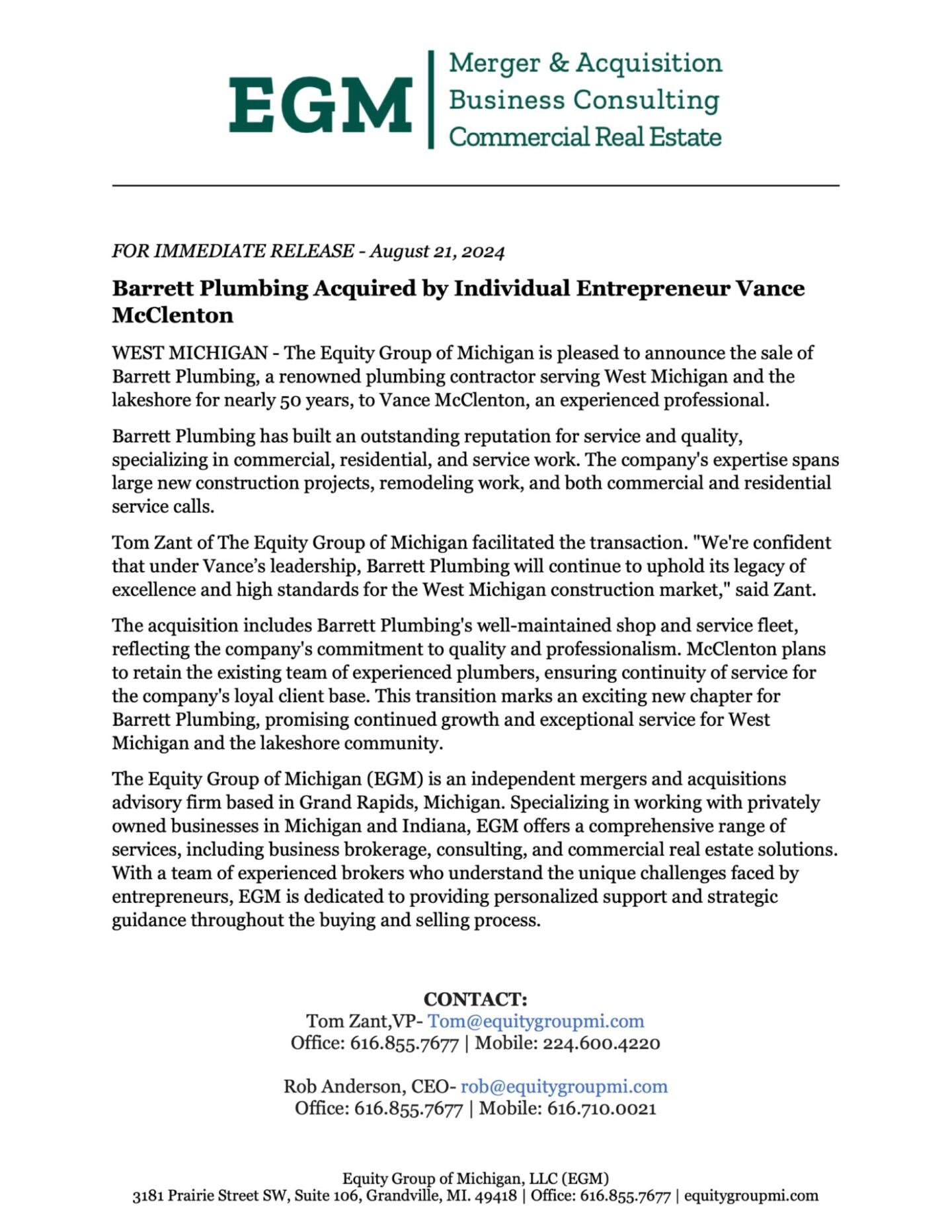 Equity Group Of Michigan - Press Releases